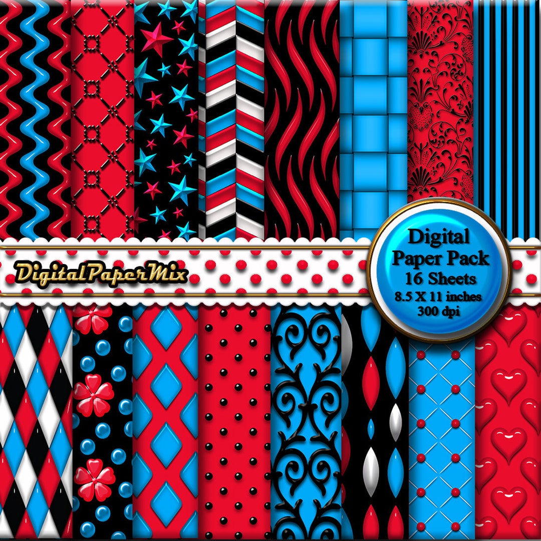 Blue Red Digital Paper, Embossed Digital Paper, Printable Scrapbook ...