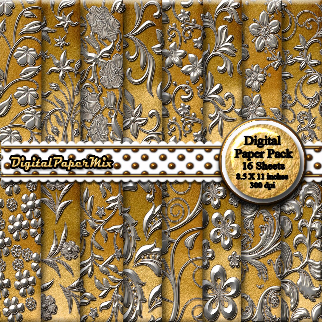 Gold Silver Digital Paper, Digital Paper Backgrounds, Floral Patterns ...