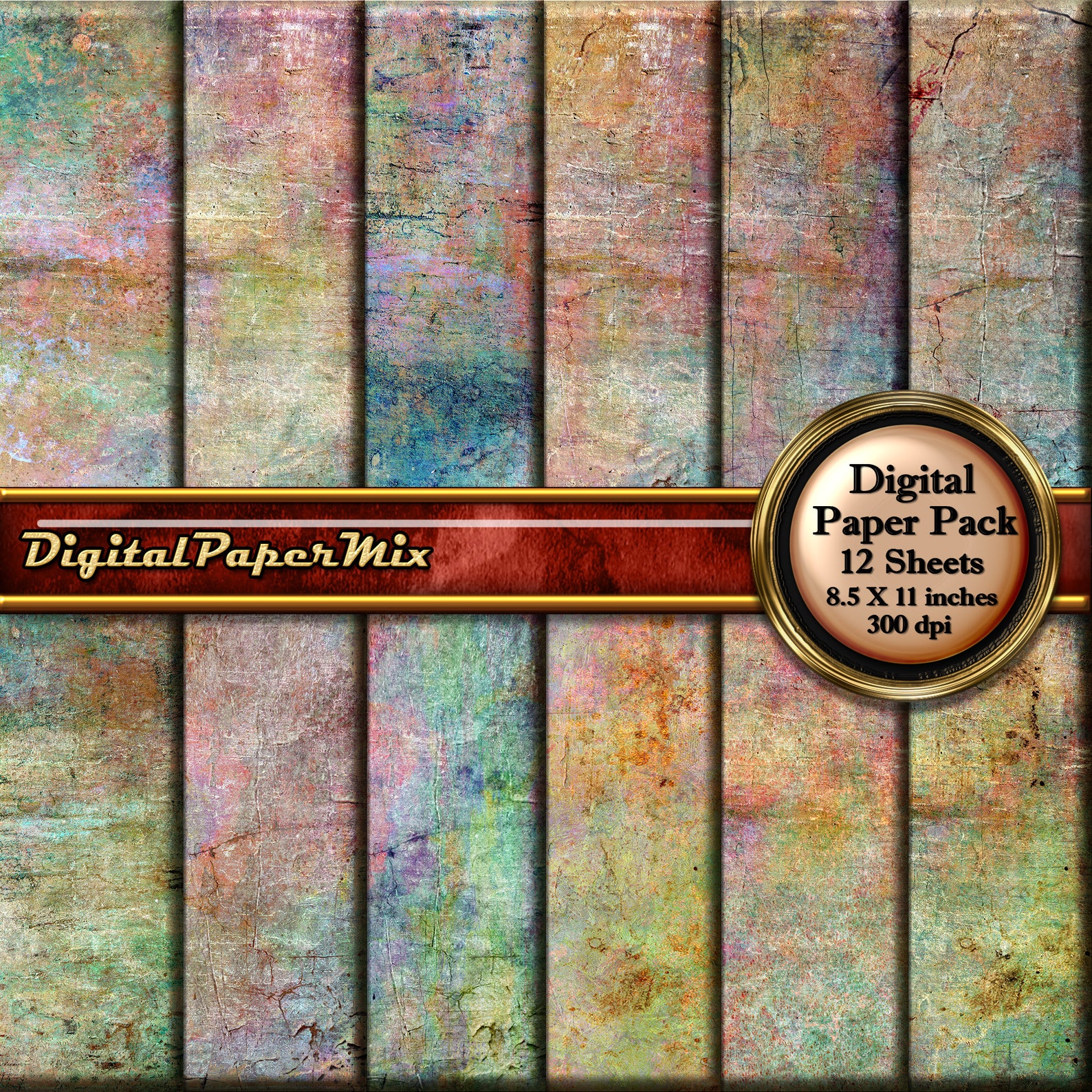 Grunge Digital Paper, Colorful Grunge Textures, Junk Journal Paper ...