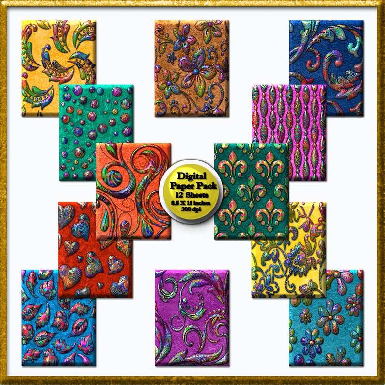 12 Digital Paper, Abstract Bohemian, Floral, Swirl Digital Paper Pack ...
