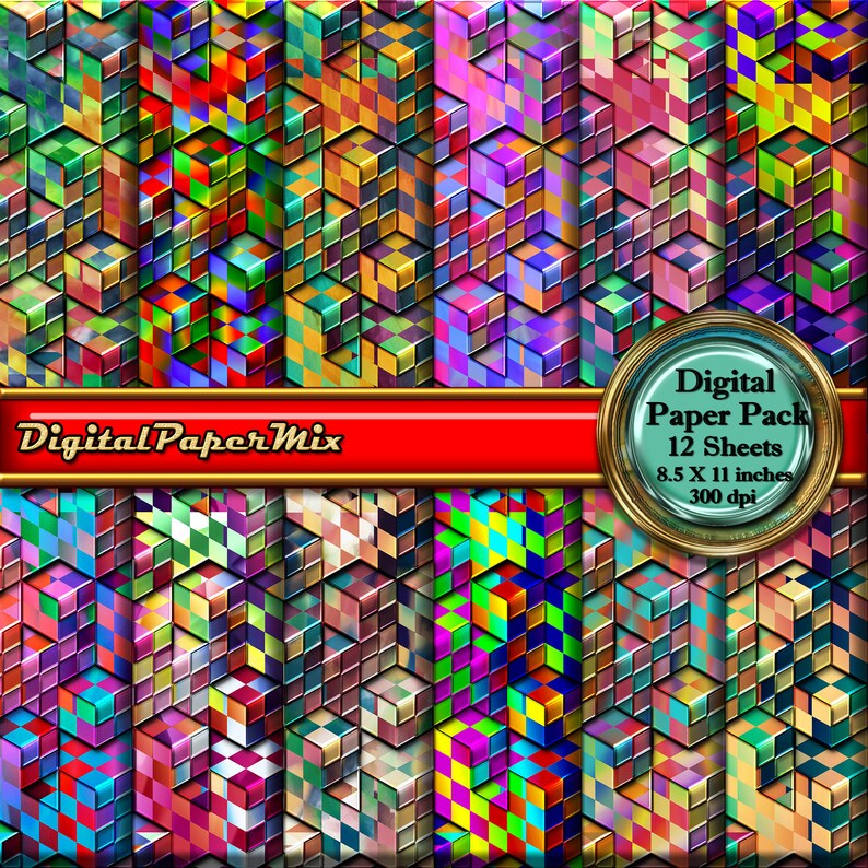 12 Digital Paper, Abstract Checkered Digital Paper Pack, Cubes ...