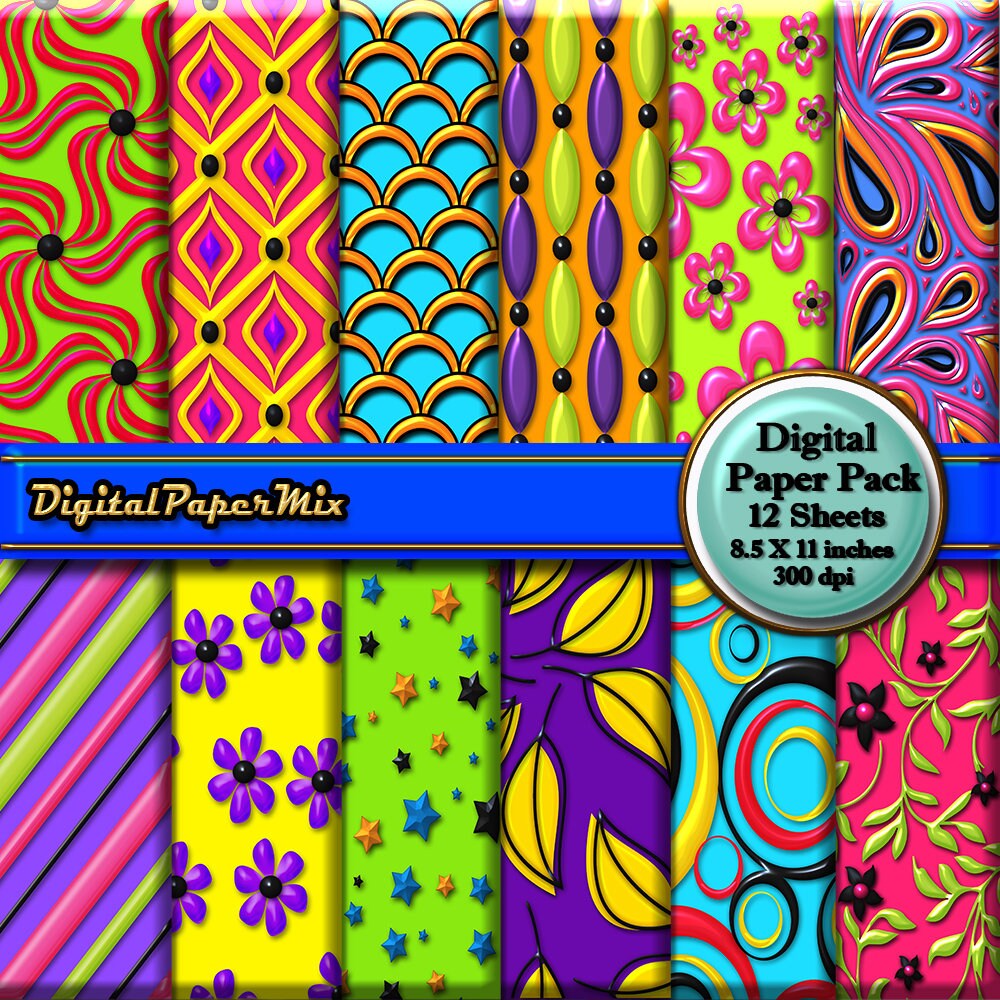 Digital Paper, Neon Multi Colors Digital Paper Background, Rainbow ...