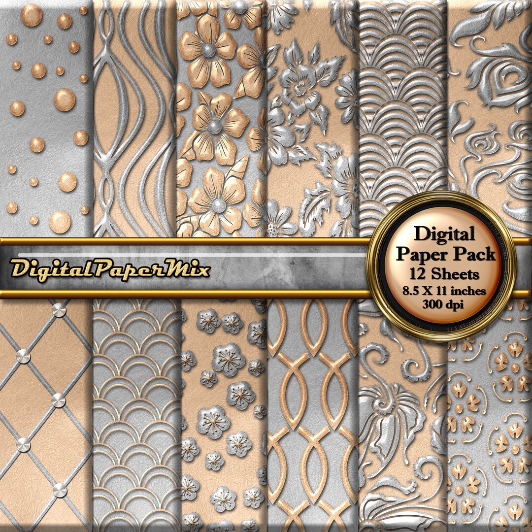 Silver Peach Digital Paper, Metallic Silver Scrapbook Paper Pack ...
