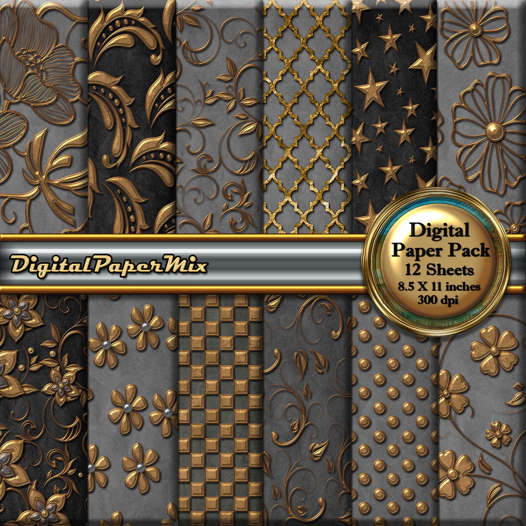 Digital Paper, Vintage Gray Gold Scrapbook Paper Pack, Embossed Floral ...