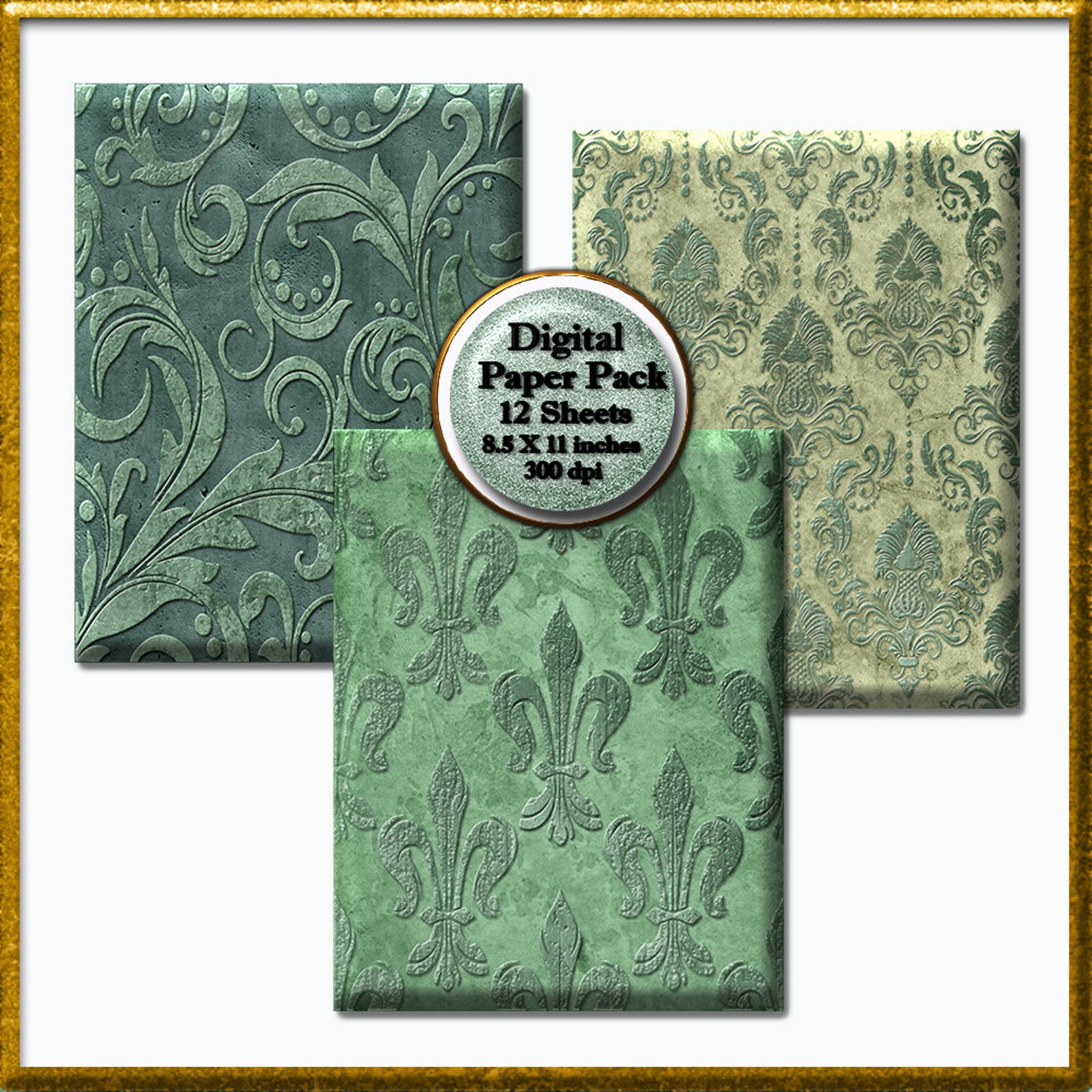Vintage Green Digital Paper, Green Digital Paper Pack Background ...