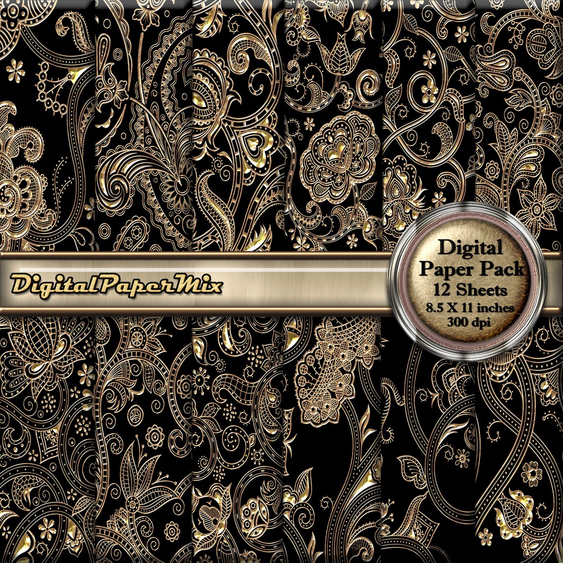 12 Black Gold Digital Paper, Floral Damask Digital Paper Background ...