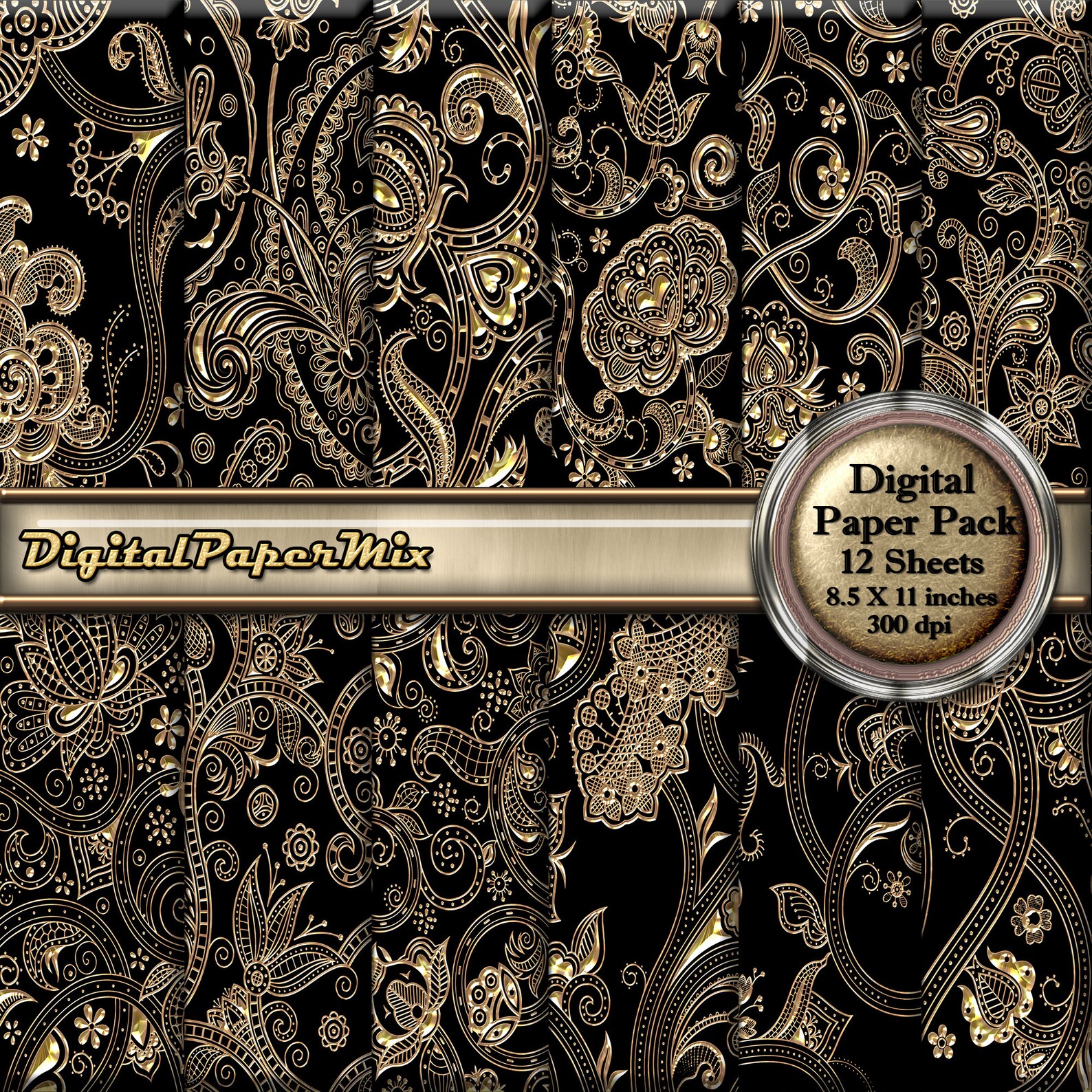 12 Black Gold Digital Paper, Floral Damask Digital Paper Background ...