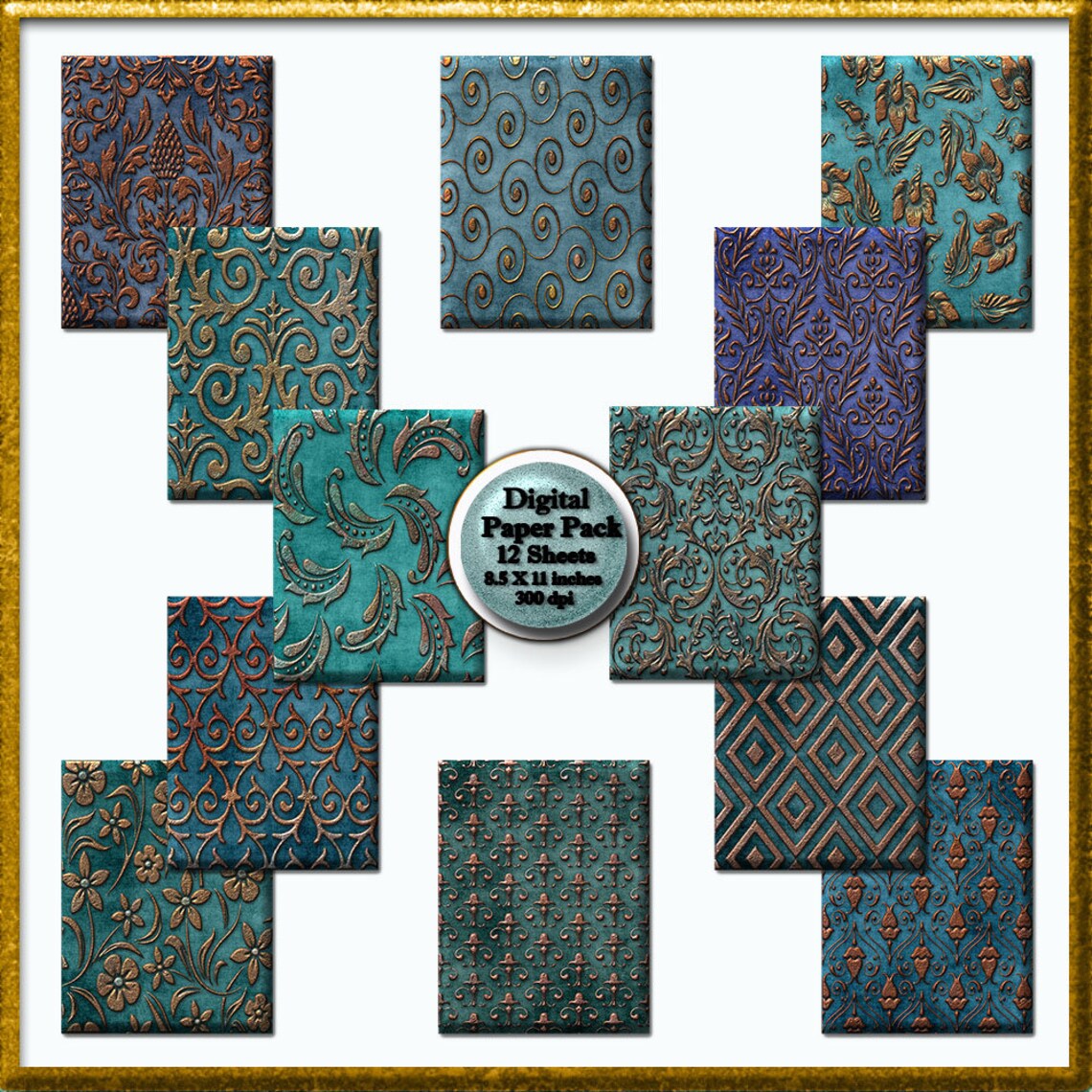 Copper Teal Digital Paper, Antique Copper Digital Paper Background ...