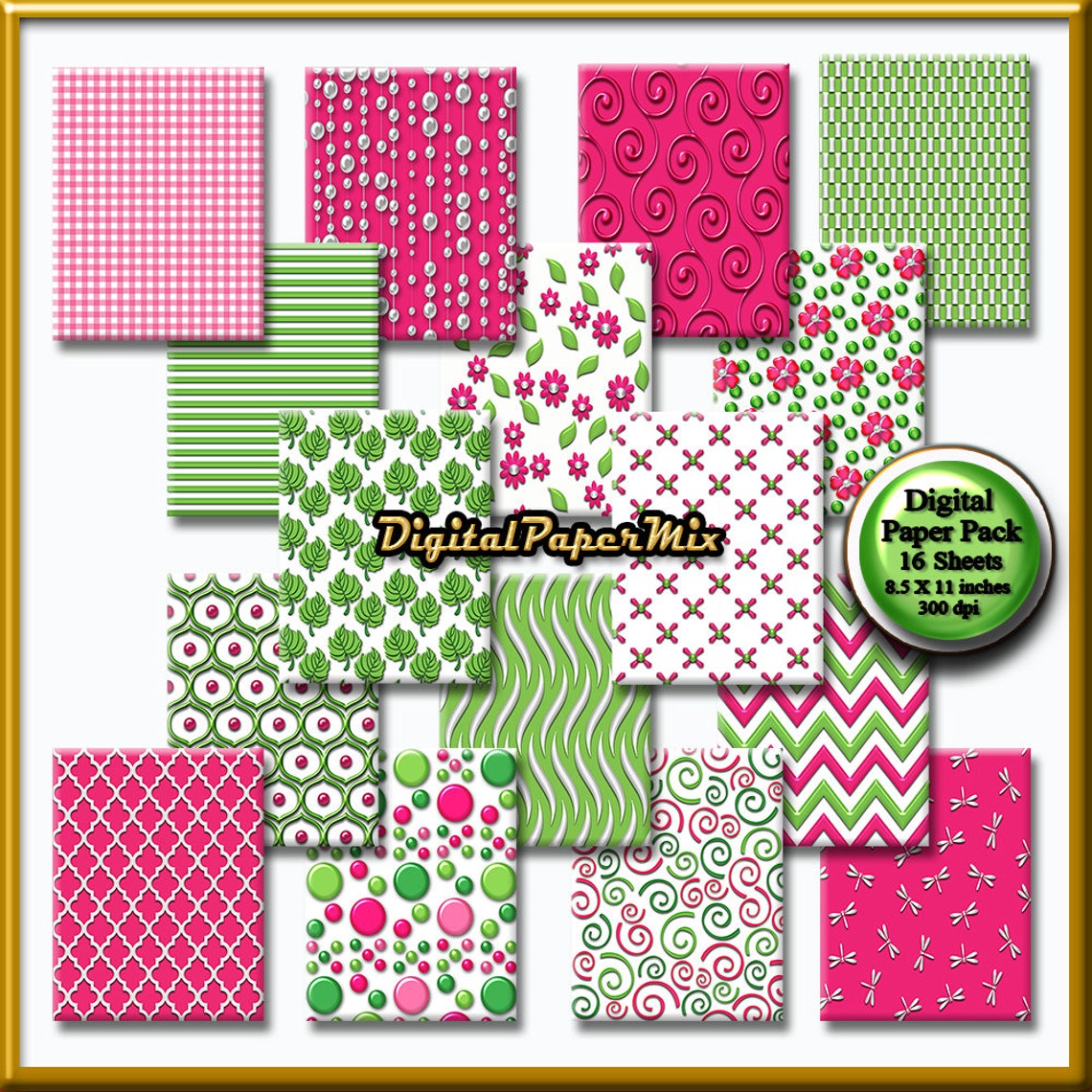Pink Green Digital Paper, Pink Floral Digital Paper Backgrounds, Pink ...