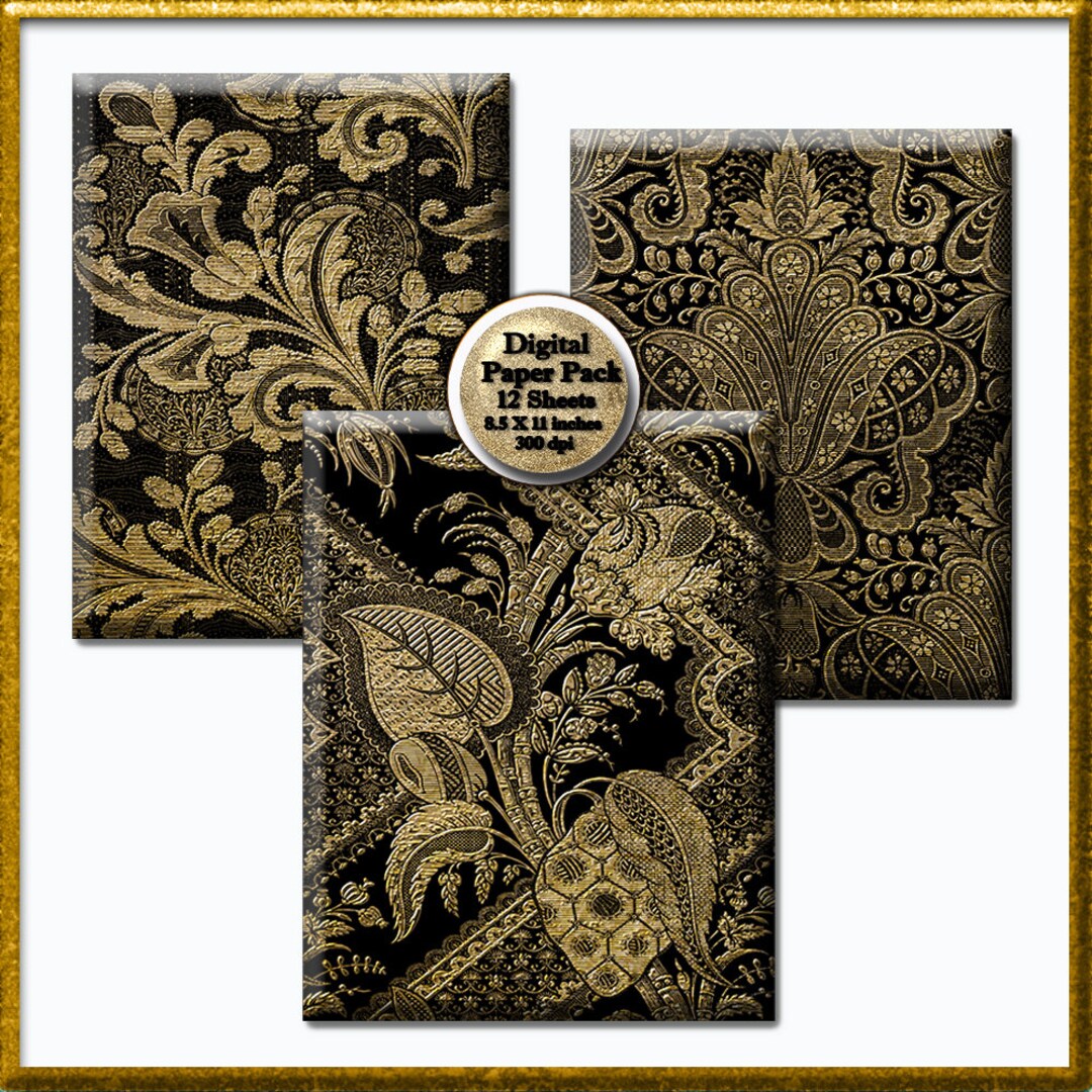 12 Black Gold Digital Paper, Vintage Fabric Digital Paper Background ...