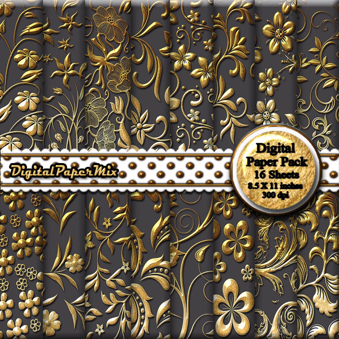 Gray Gold Digital Paper, Floral Digital Paper Backgrounds, Printable ...