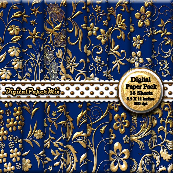 Gold Navy Blue Digital Paper Gold Digital Paper Patterns | Etsy