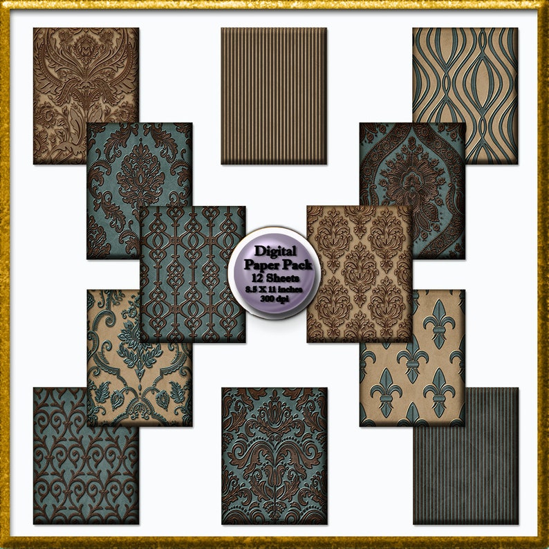 Vintage Digital Paper, Tan Teal Digital Paper Pack Background ...