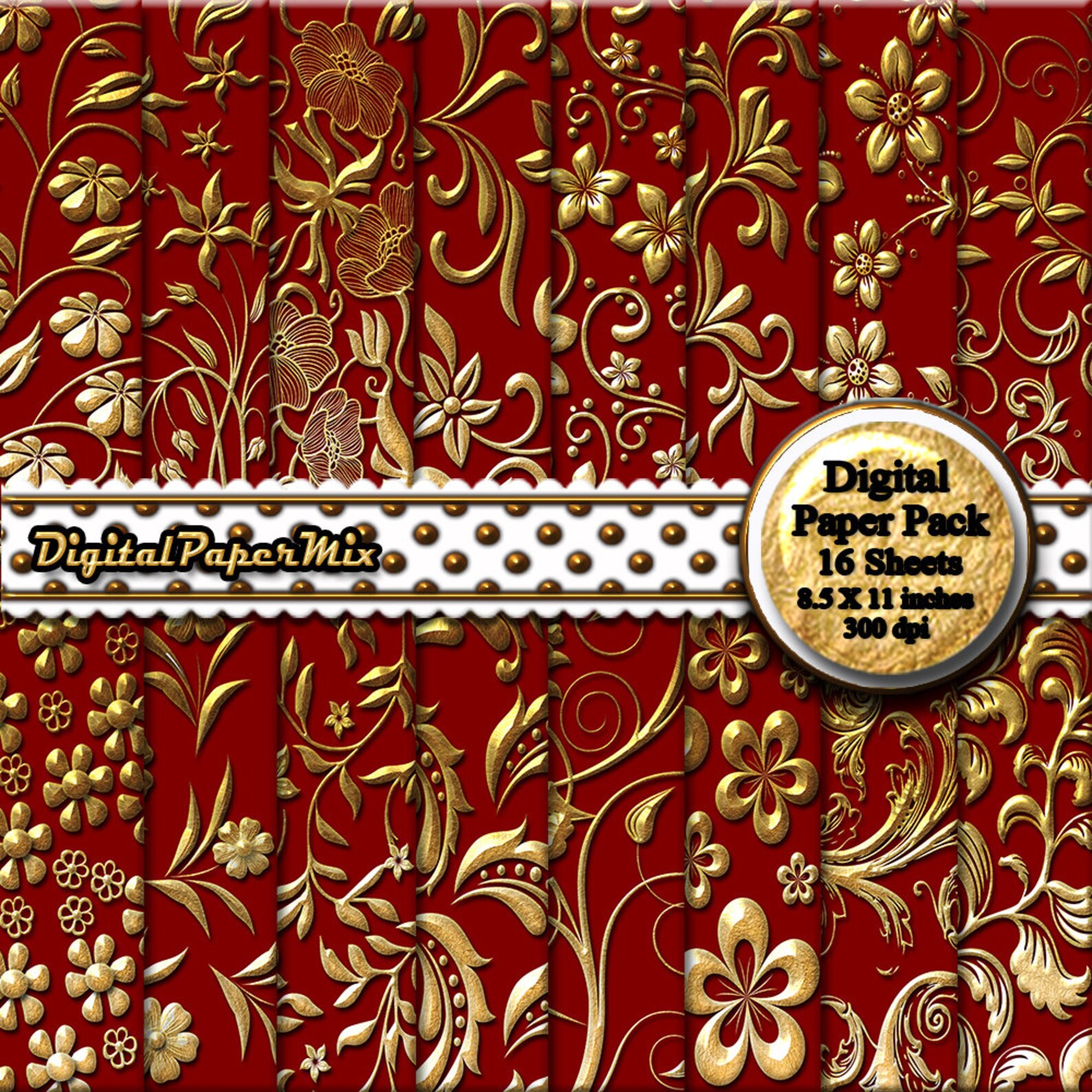 Maroon Gold Digital Paper, Gold Digital Paper Patterns, Maroon Gold ...