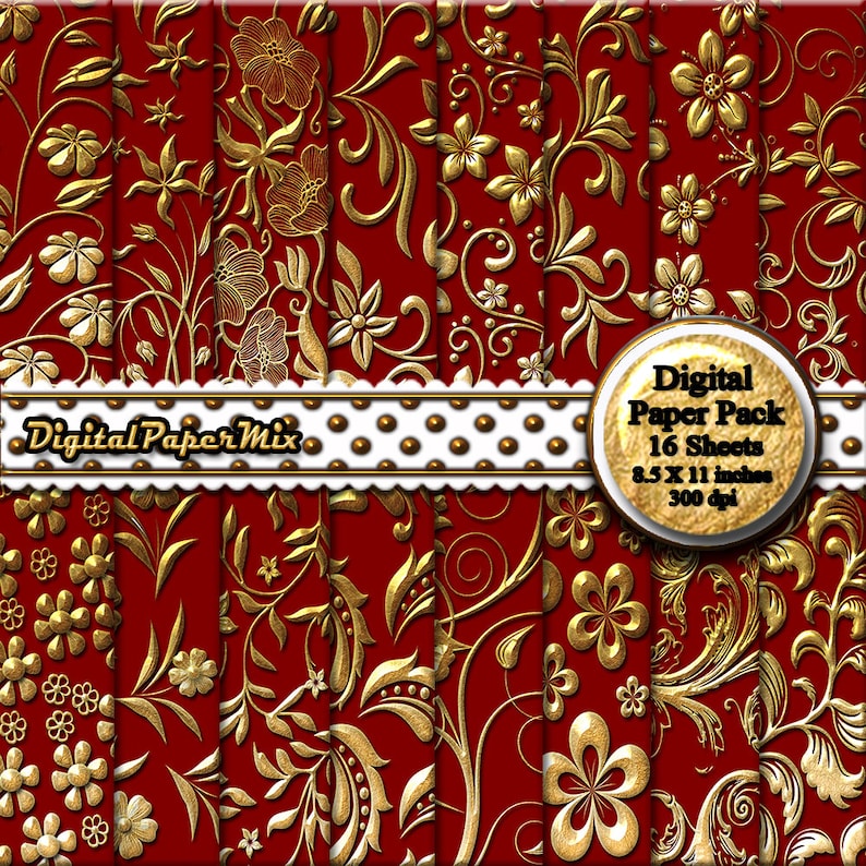 Maroon Gold Digital Paper, Gold Digital Paper Patterns, Maroon Gold ...