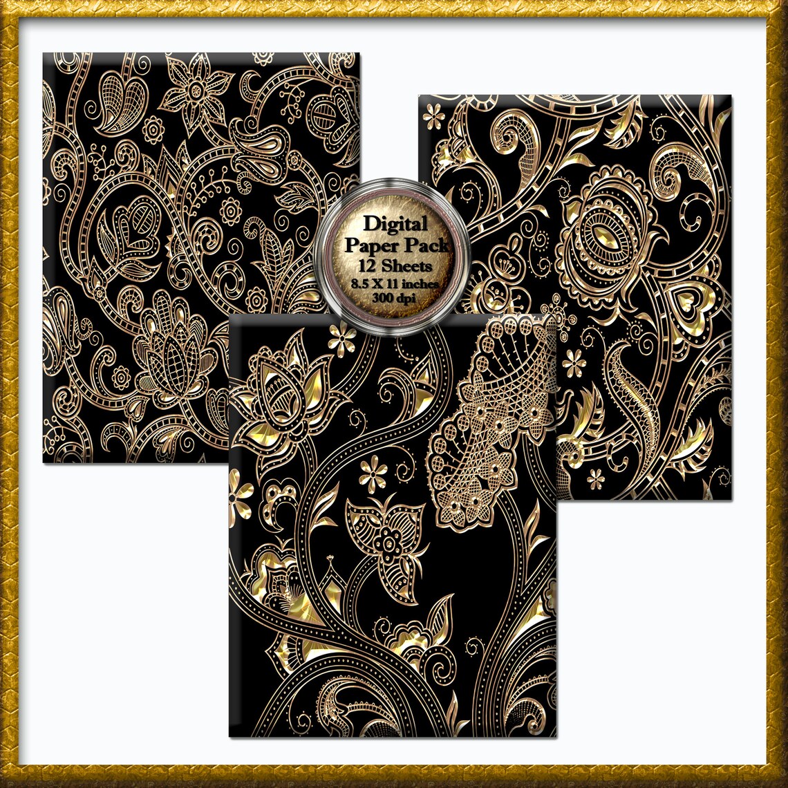 12 Black Gold Digital Paper, Floral Damask Digital Paper Background ...