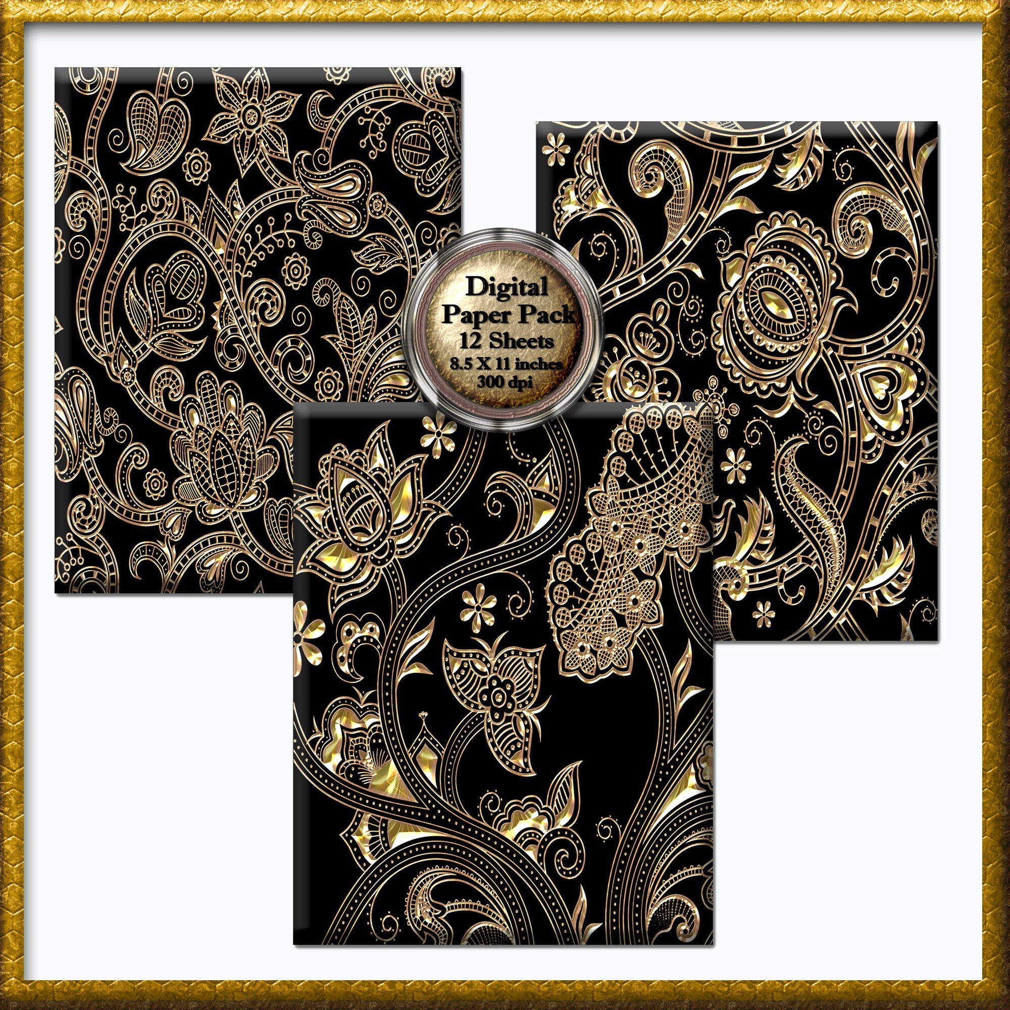 12 Black Gold Digital Paper, Floral Damask Digital Paper Background ...