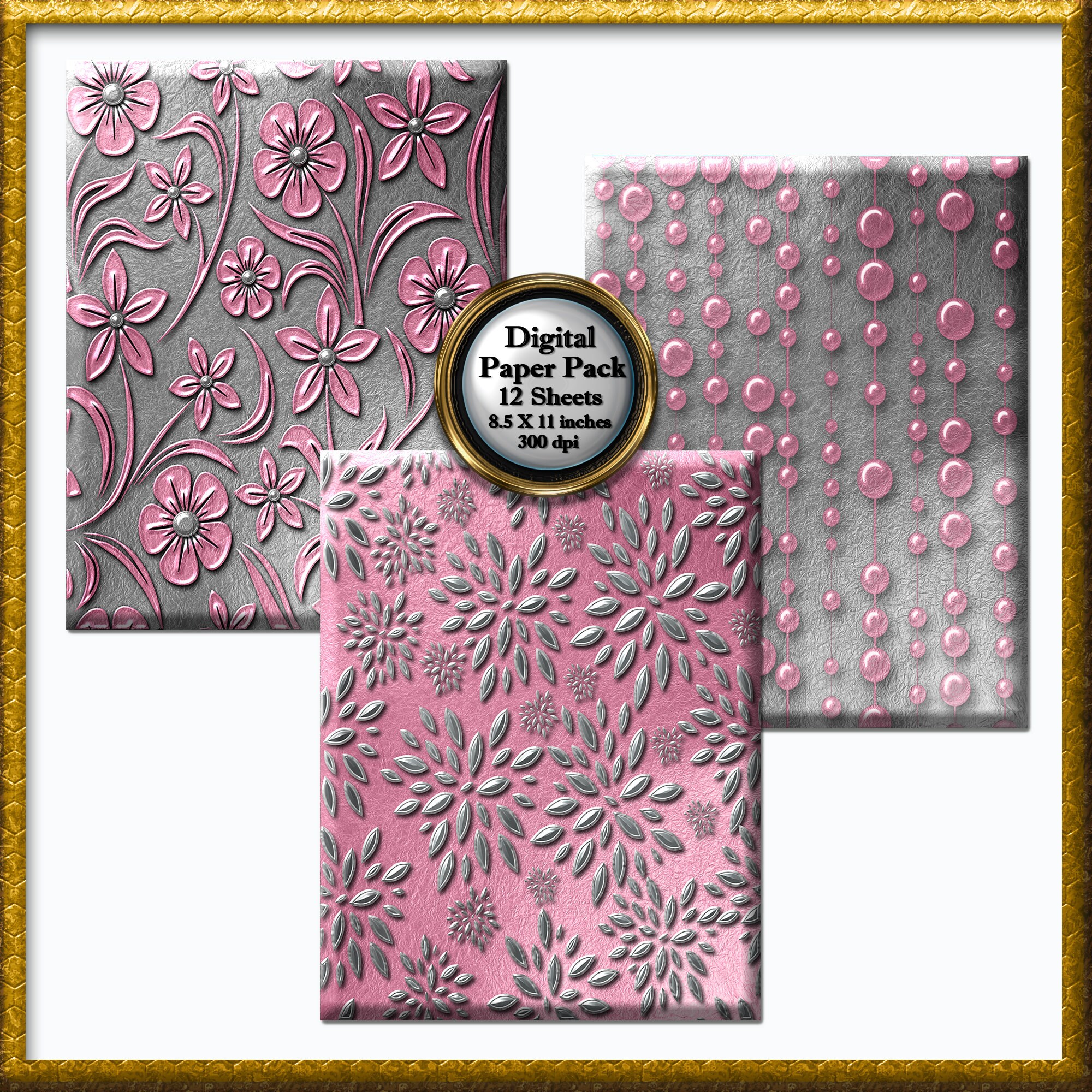 Pink Gray Digital Paper, Metallic Silver Scrapbook Paper Pack, Embossed ...