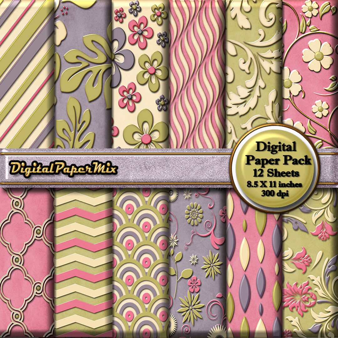 Digital Paper, Vintage Pink Green Scrapbook Paper Pack, Embossed Pink ...