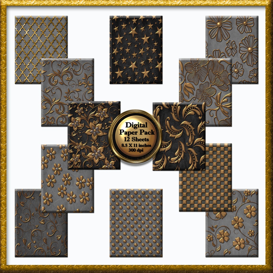 Digital Paper Vintage Gray Gold Scrapbook Paper Pack - Etsy