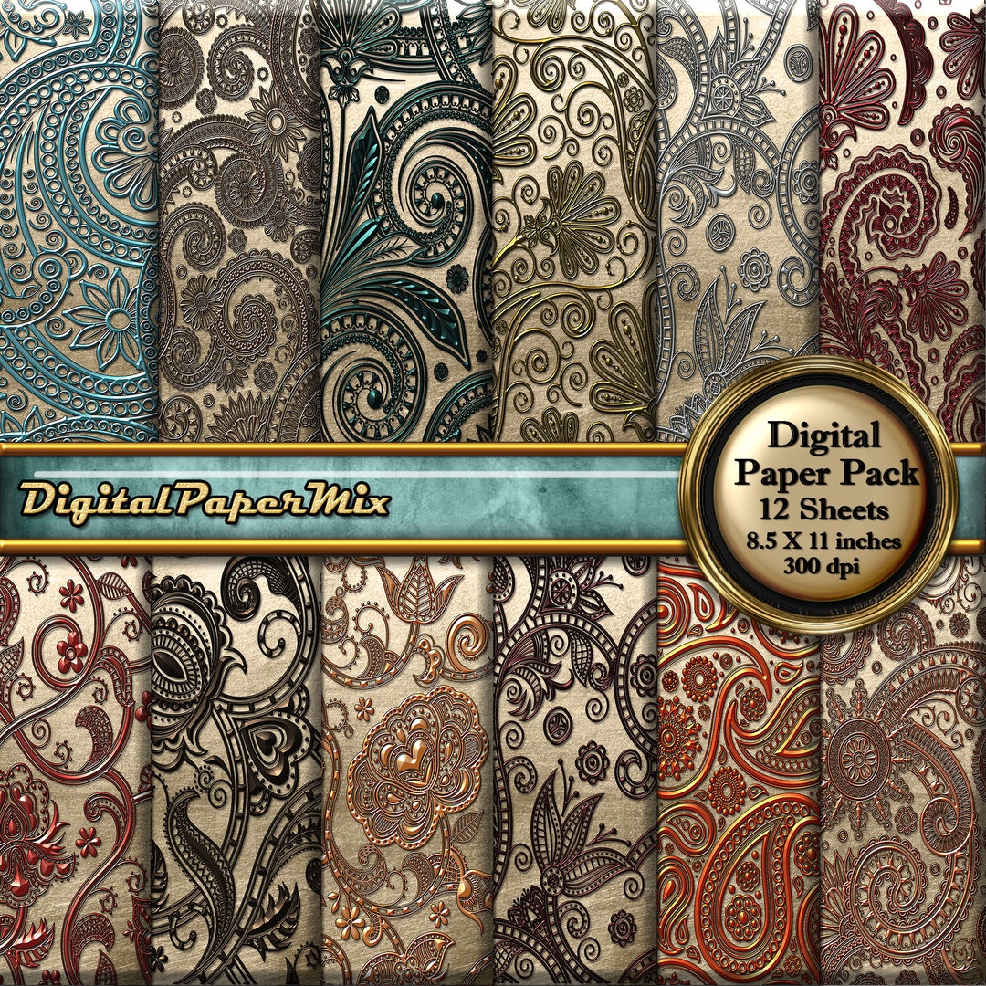 12 Metallic Paisley Digital Paper Gold Scrapbook Paper Pack Embossed ...