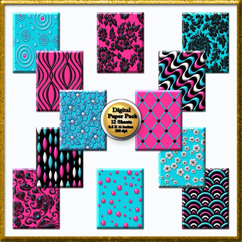 Digital Paper: Digital Paper Pack, Blue Hot Pink Digital Scrapbook ...