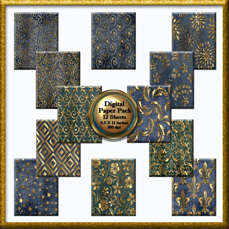 Digital Paper, Vintage Blue Gold Scrapbook Paper Pack, Embossed Floral ...