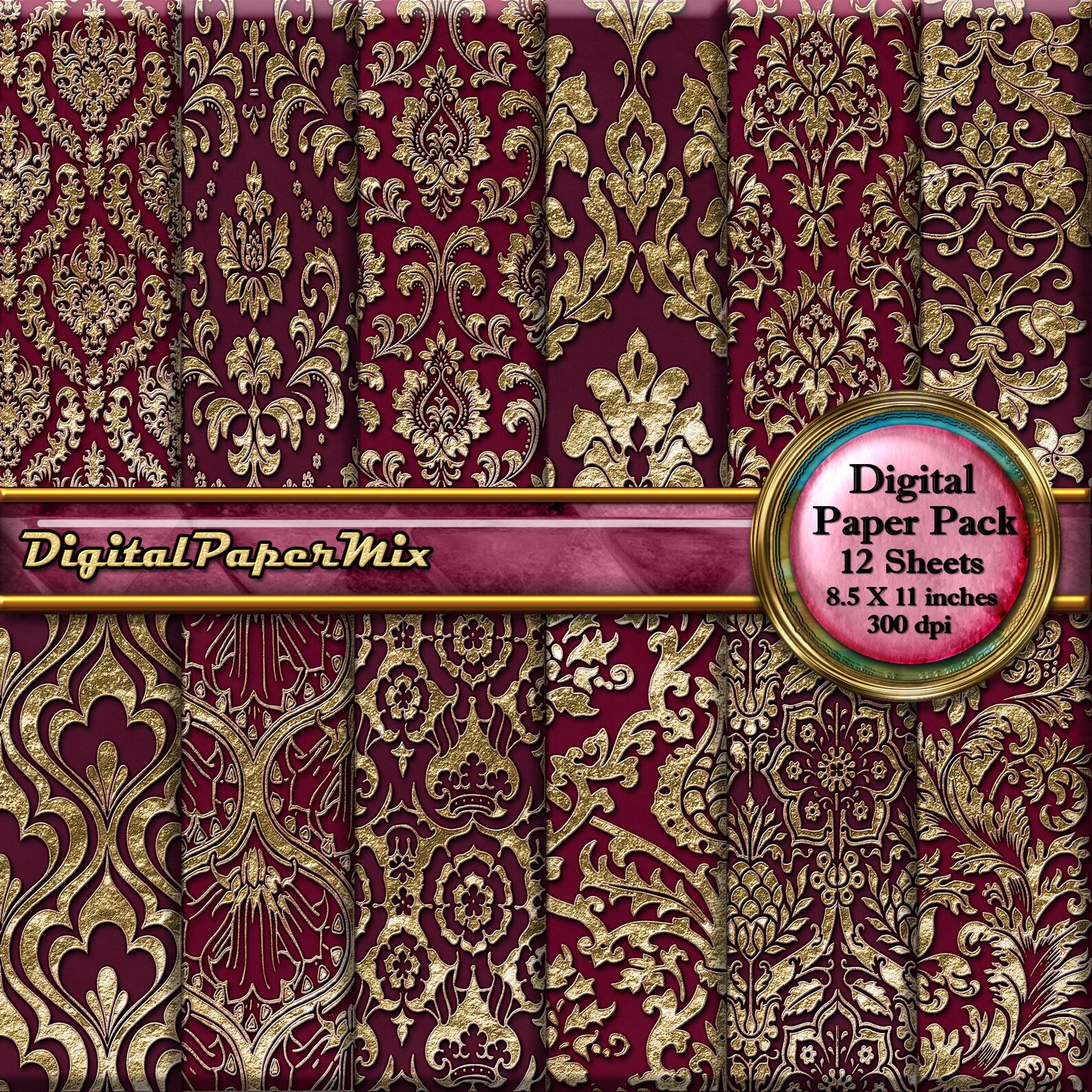 12 Digital Paper, Burgundy Gold Scrapbook Paper Pack, Embossed Damask ...