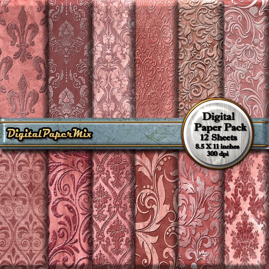 Vintage Pink Digital Paper, Pink Digital Paper Pack Background, Grunge ...