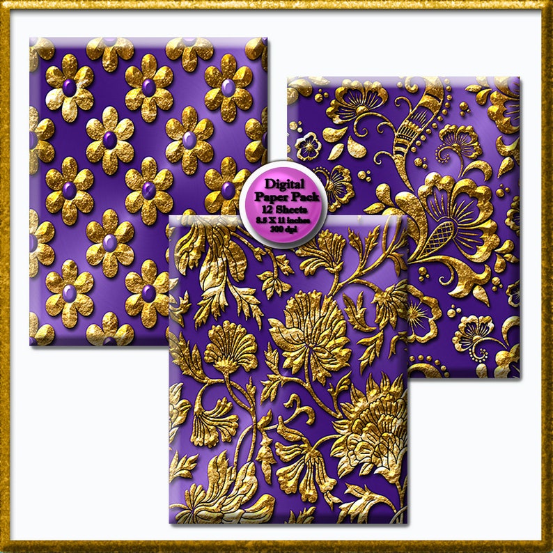 Purple Gold Digital Paper, Gold Scrapbook Paper, Embossed Metallic Gold ...