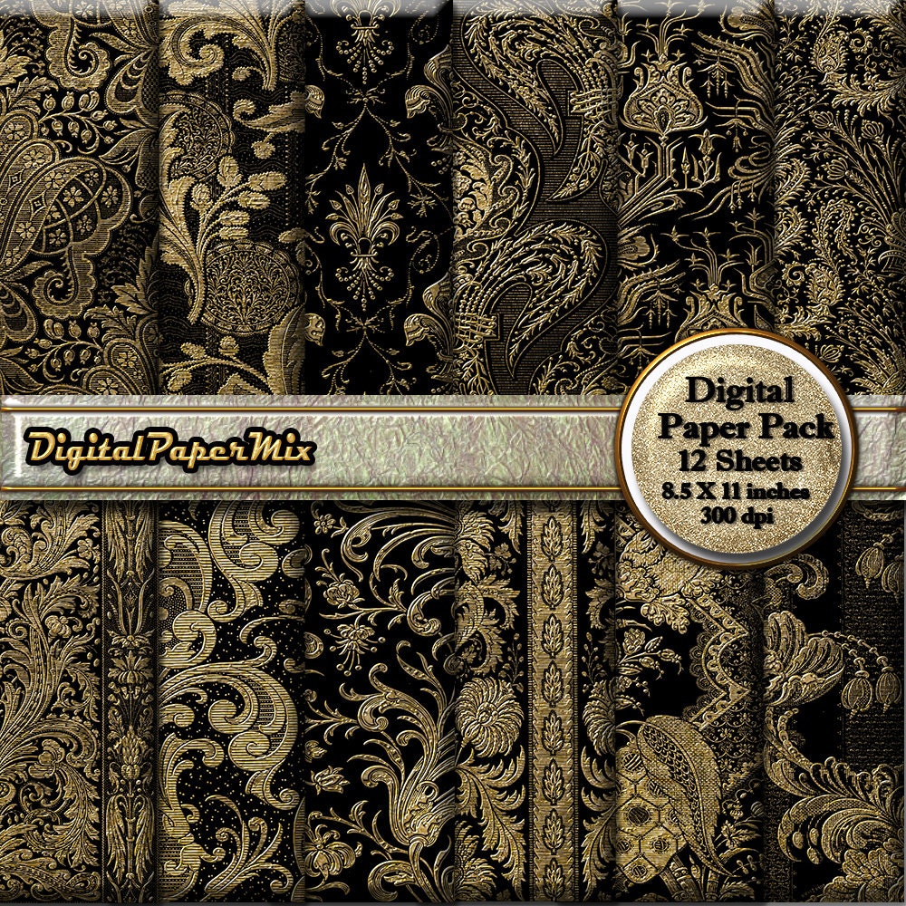 12 Black Gold Digital Paper, Vintage Fabric Digital Paper Background ...