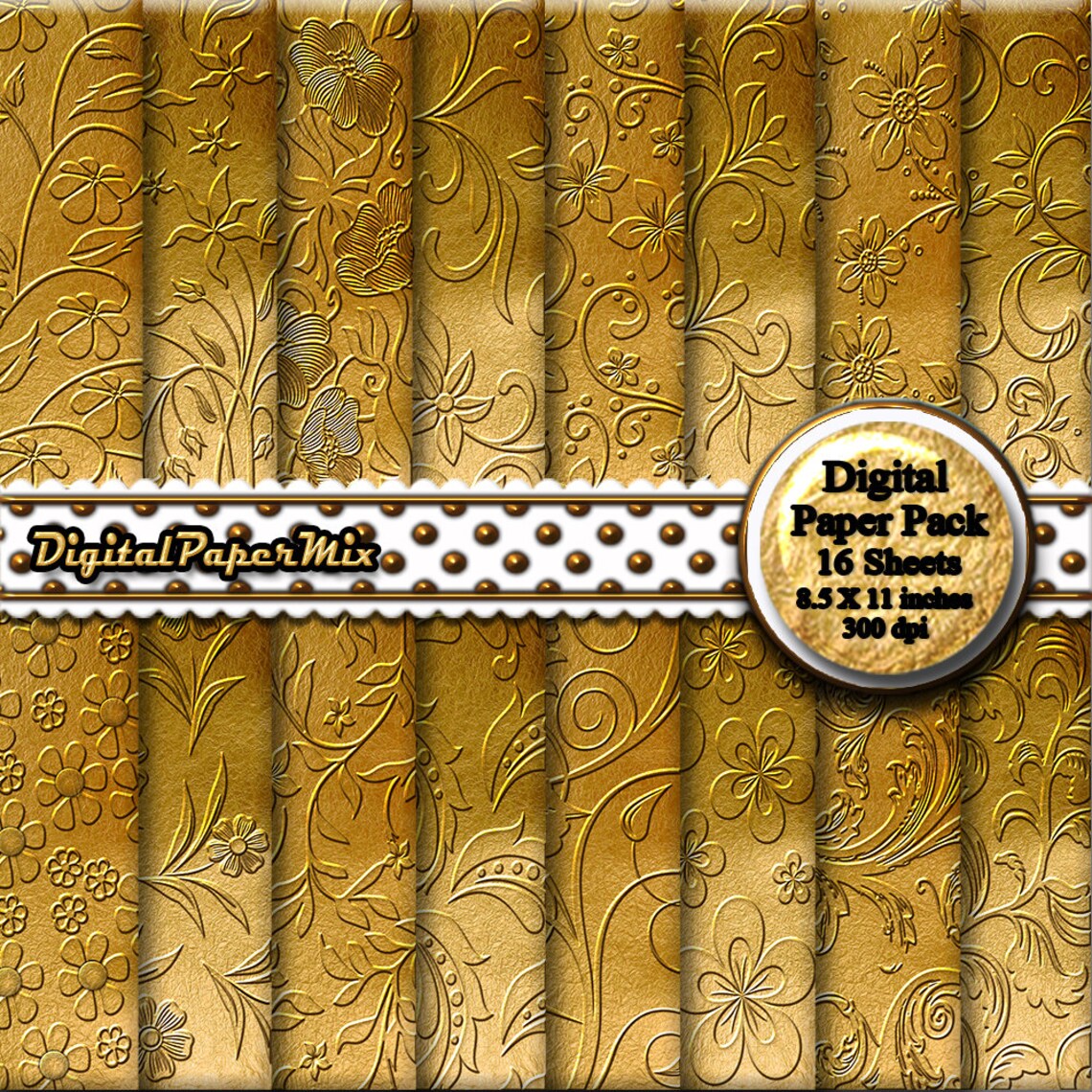 Gold Embossed Digital Paper, Gold Digital Paper Backgrounds, Printable ...