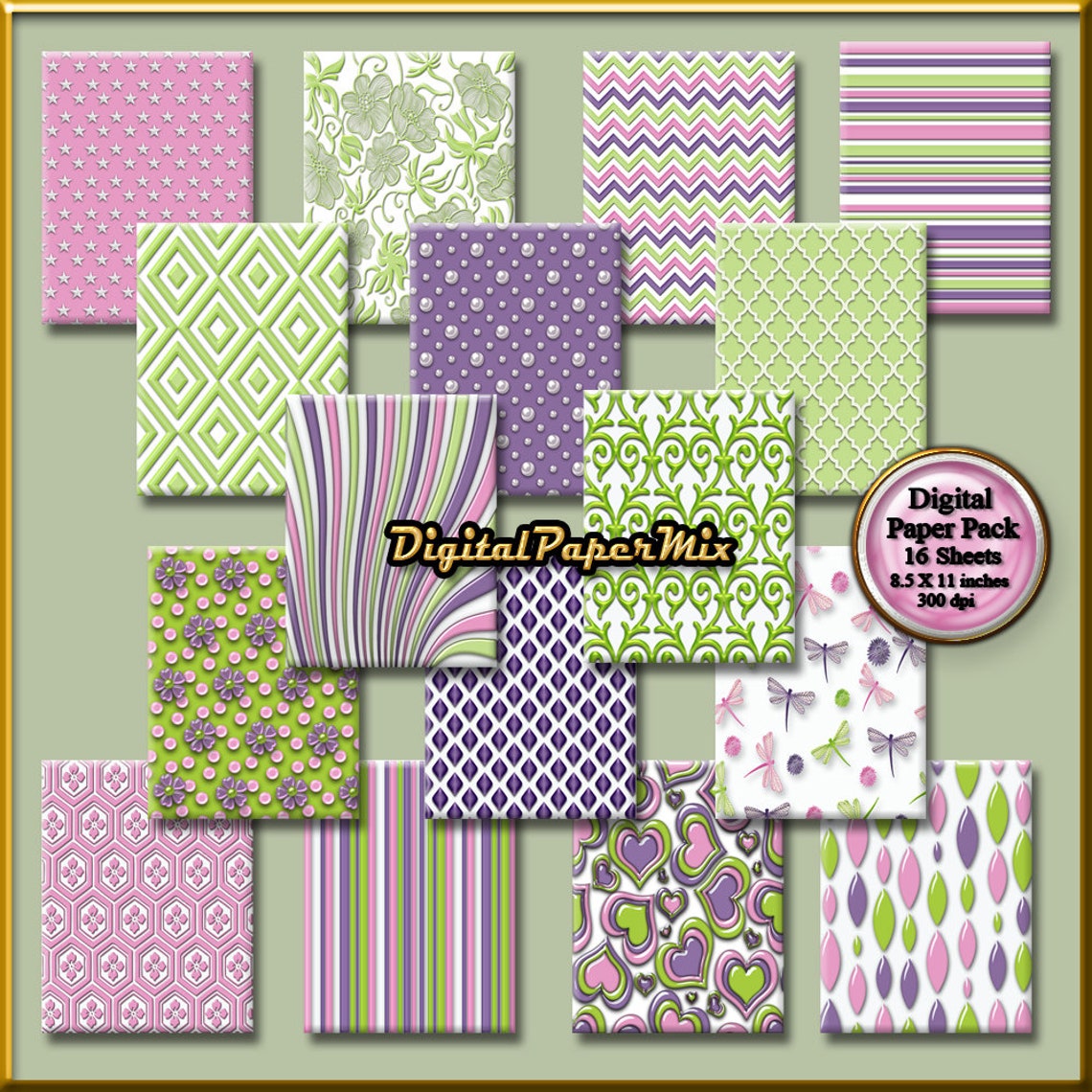 Purple Green Digital Paper, Green Digital Paper Backgrounds, Purple ...