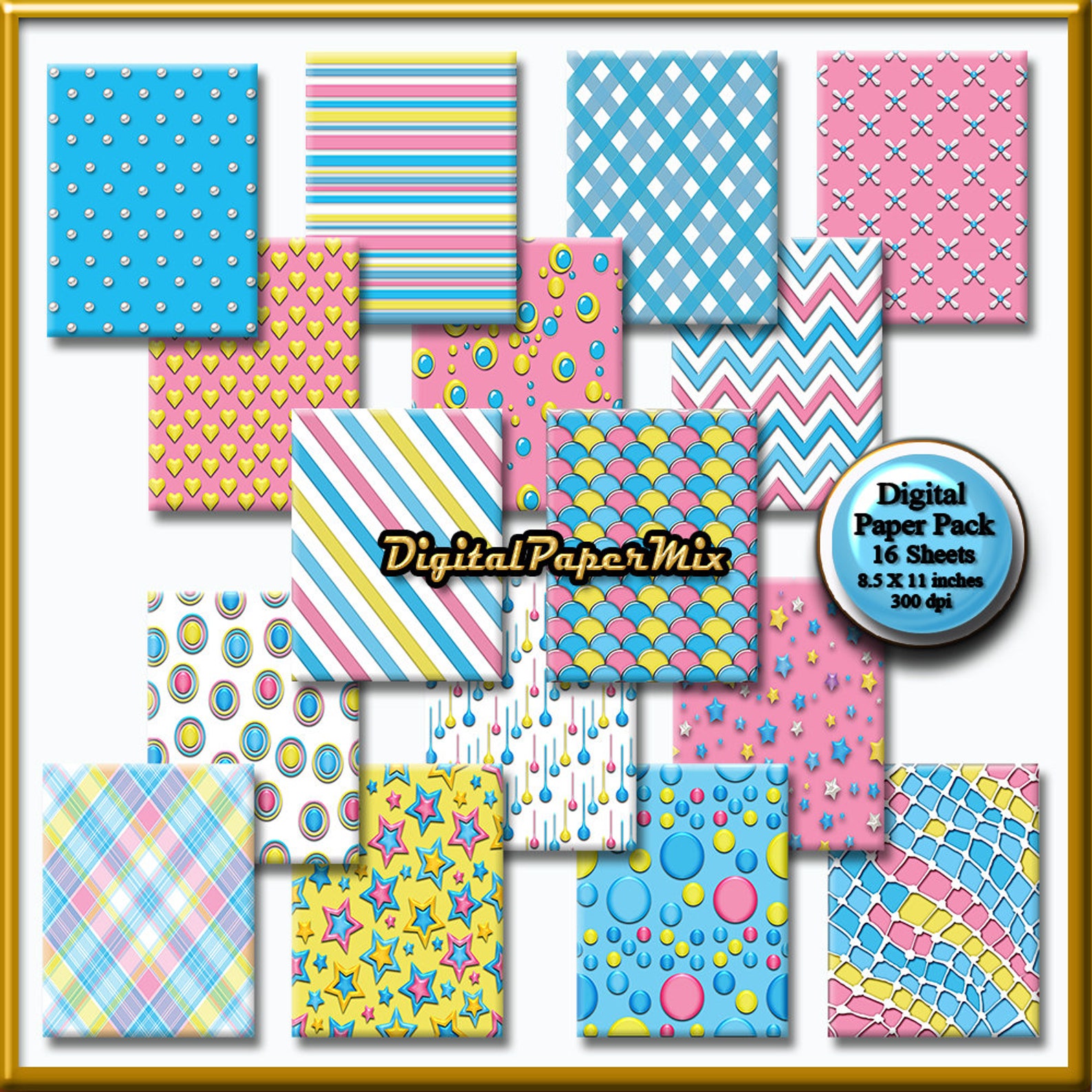 Pink Blue Digital Paper, Pink Digital Paper Backgrounds, Blue Printable ...