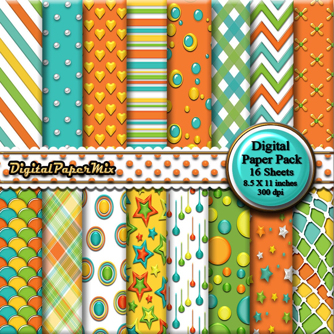 Orange Green Teal Digital Paper, Damask Digital Paper Backgrounds ...