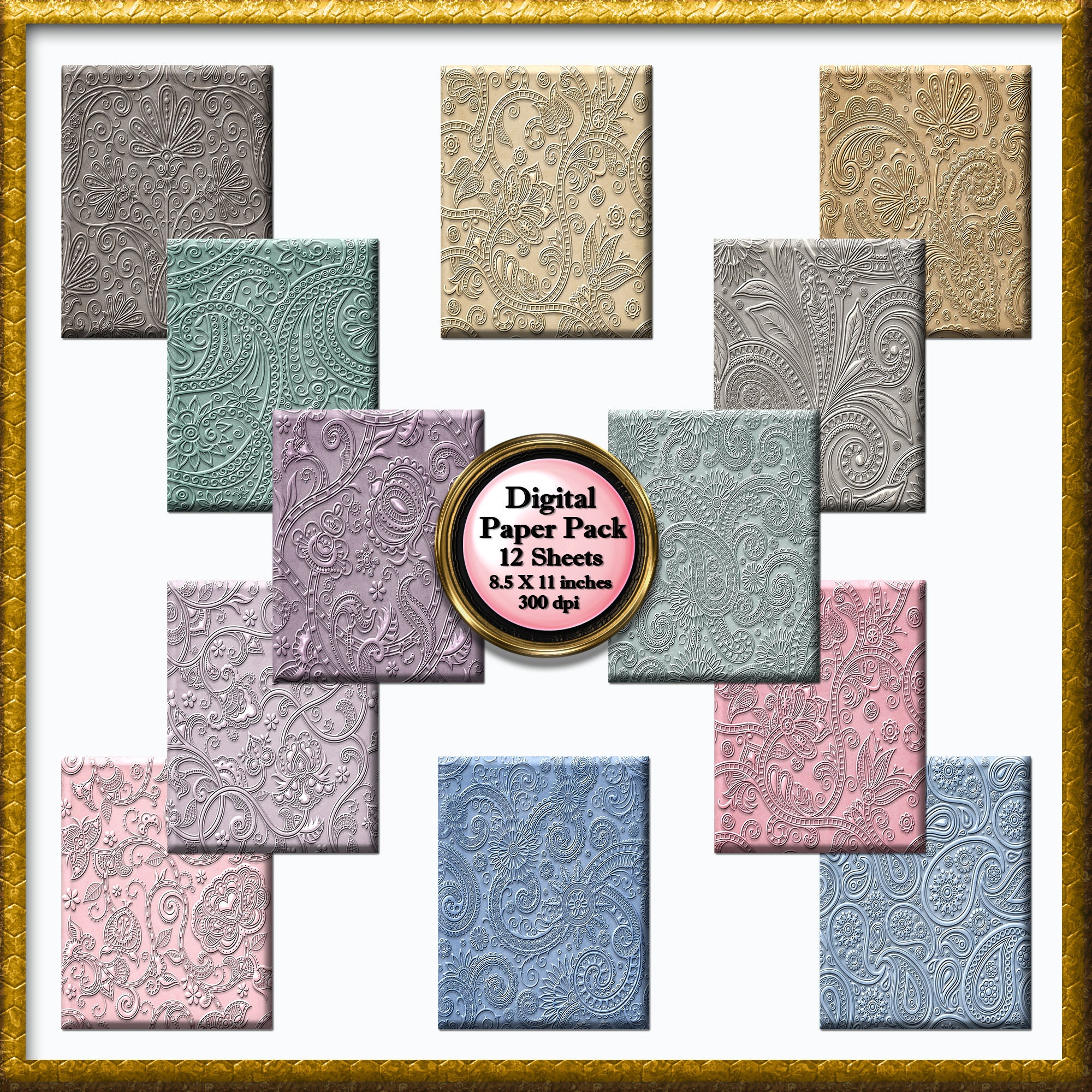 Vintage Digital Paper, Damask Floral Digital Paper Pack Background ...