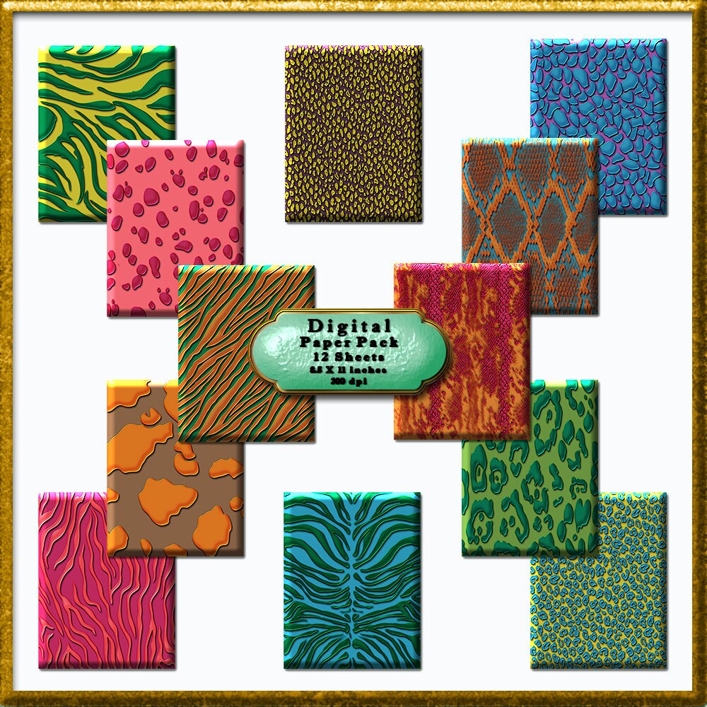 Animal Print Digital Paper, Green Pink Scrapbook Paper, Blue Orange ...