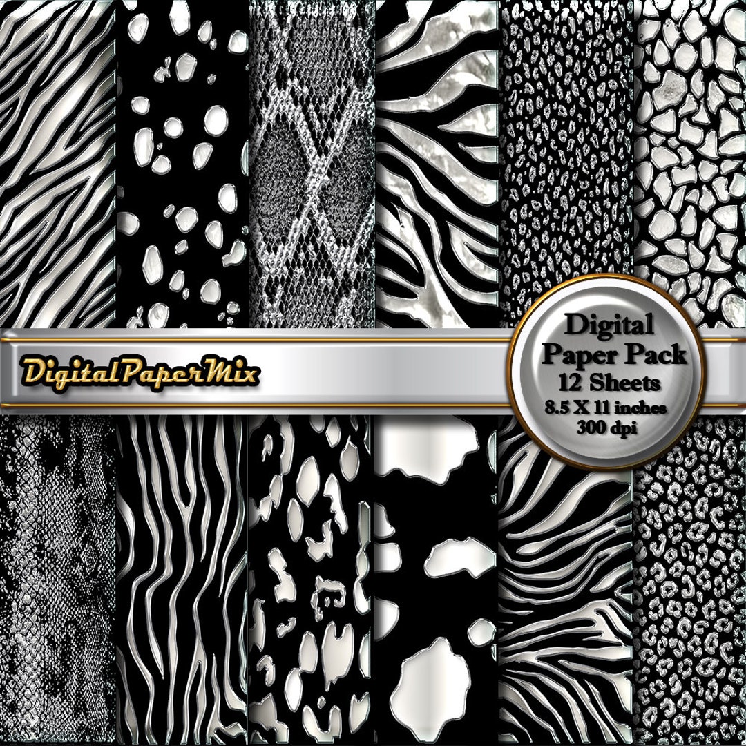 Animal Print Digital Paper, Silver Black Animal Print Printable Paper ...