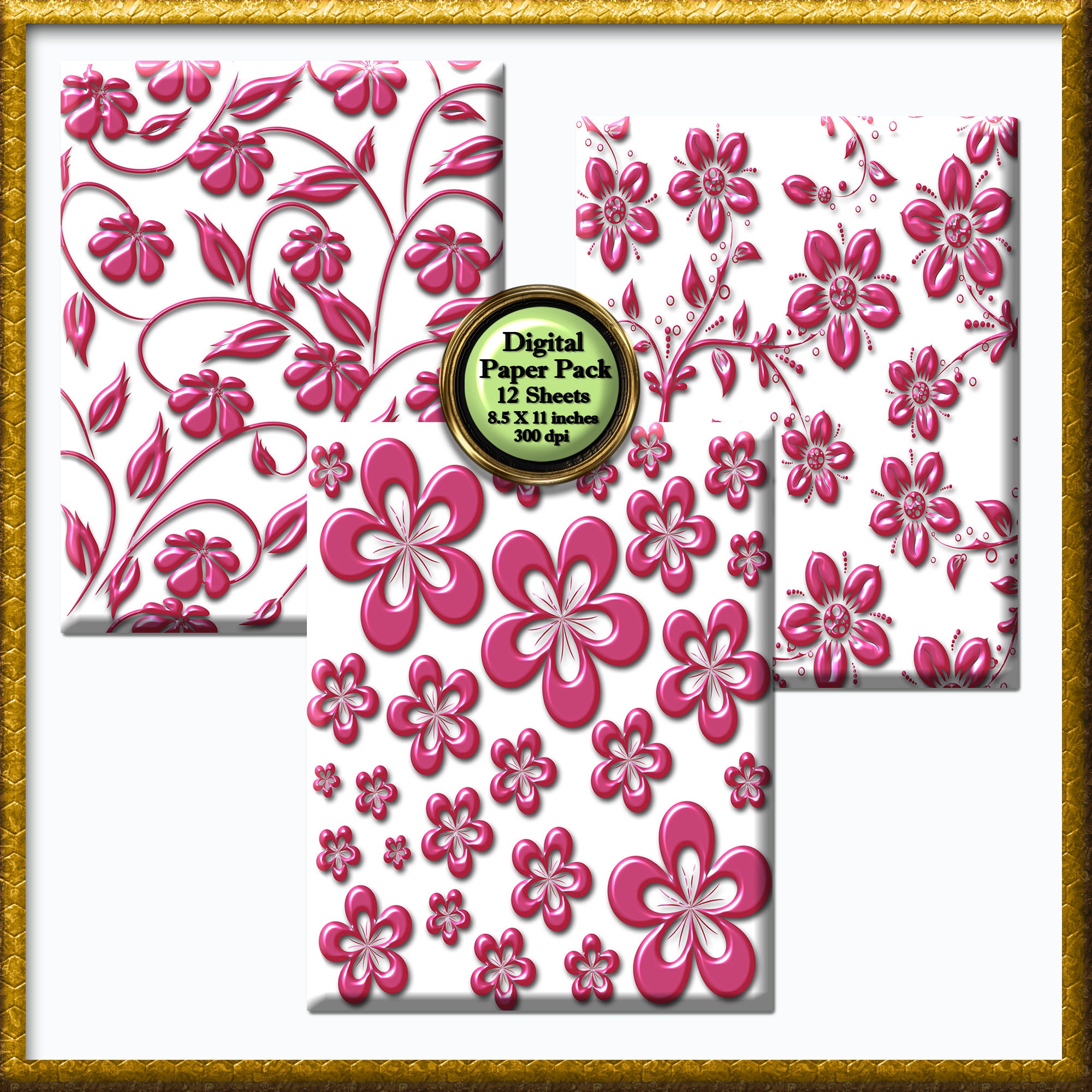 White Pink Digital Paper, Floral Digital Paper Background, White ...