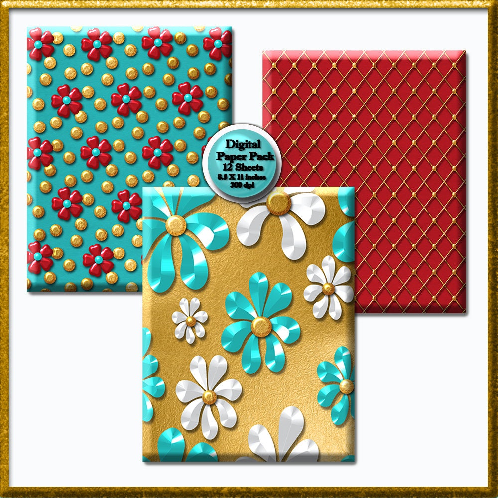 Digital Paper, Aqua Red Floral Printable Paper, Gold Flowers Digital ...