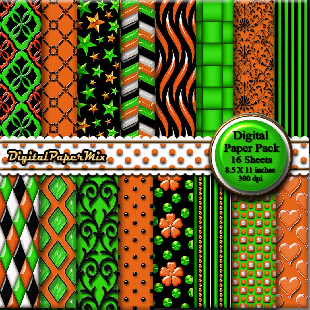 Orange Green Digital Paper, Orange Digital Paper Backgrounds, Damask ...