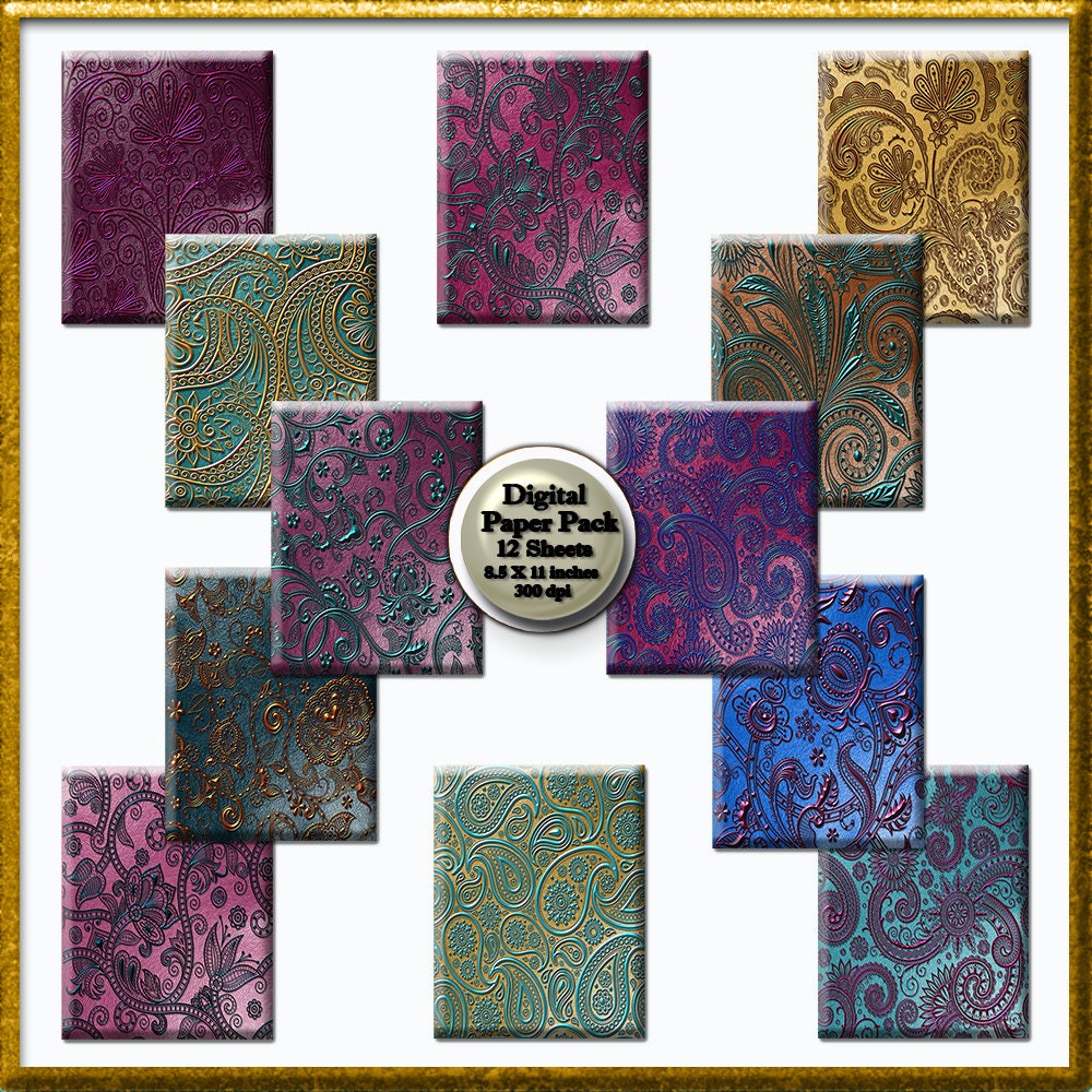 12 Metallic Damask Digital Paper Gold Scrapbook Paper Pack, Embossed ...