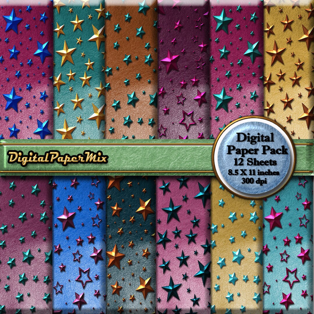 Digital Paper, Gold, Metallic Stars Gold Scrapbook Paper Pack, Embossed ...