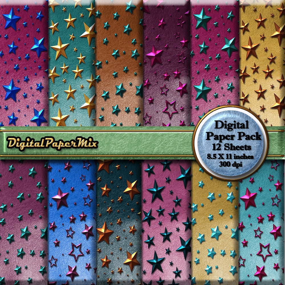 Digital Paper, Gold, Metallic Stars Gold Scrapbook Paper Pack, Embossed ...