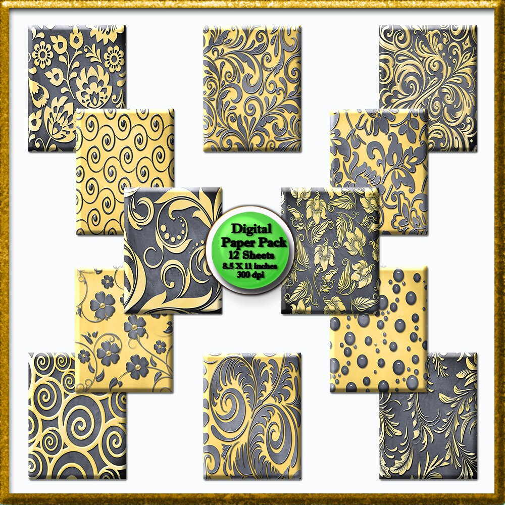 Digital Paper, Gray Yellow Digital Paper, Gray Printable Scrapbook ...