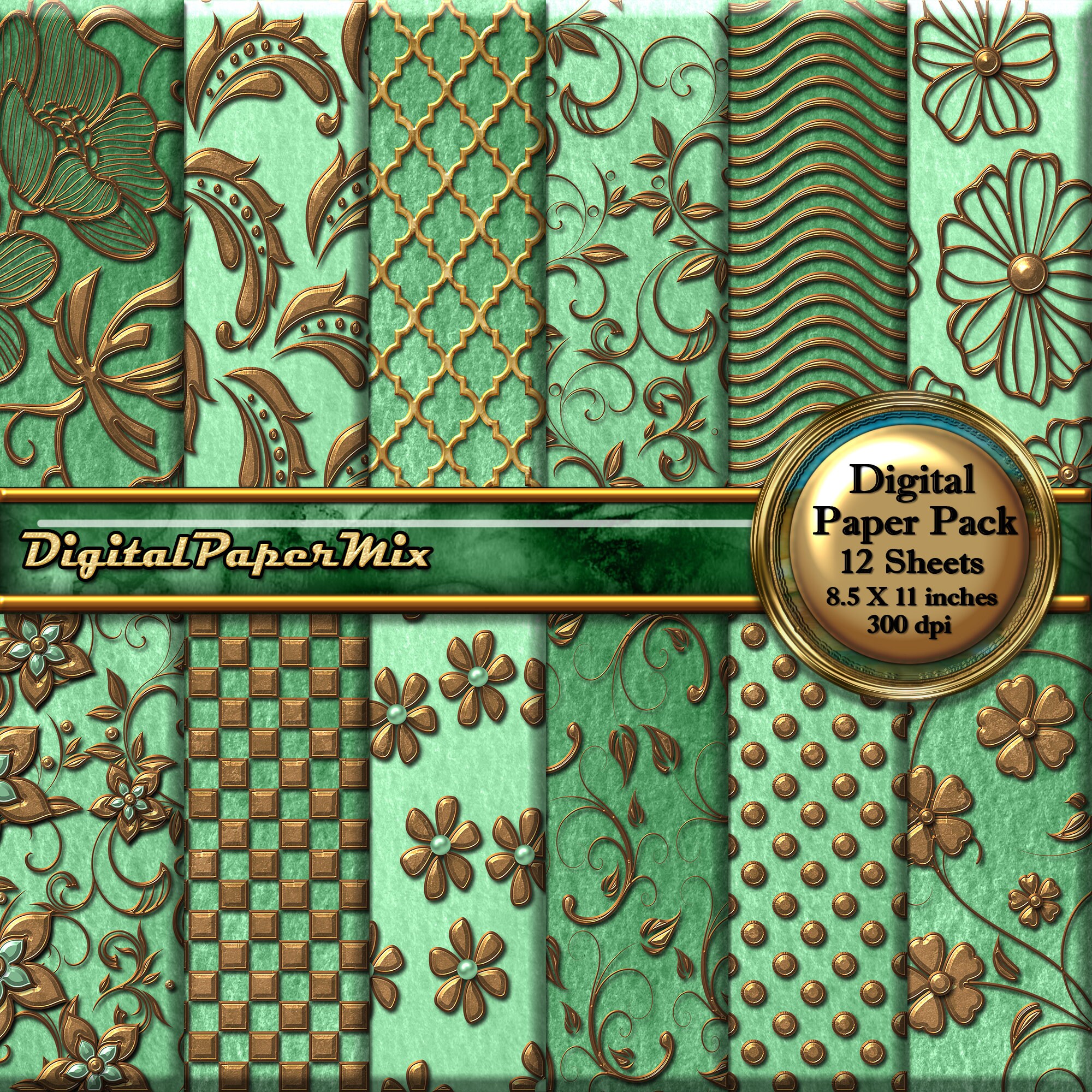 Digital Paper, Vintage Mint Green Gold Scrapbook Paper Pack, Embossed ...