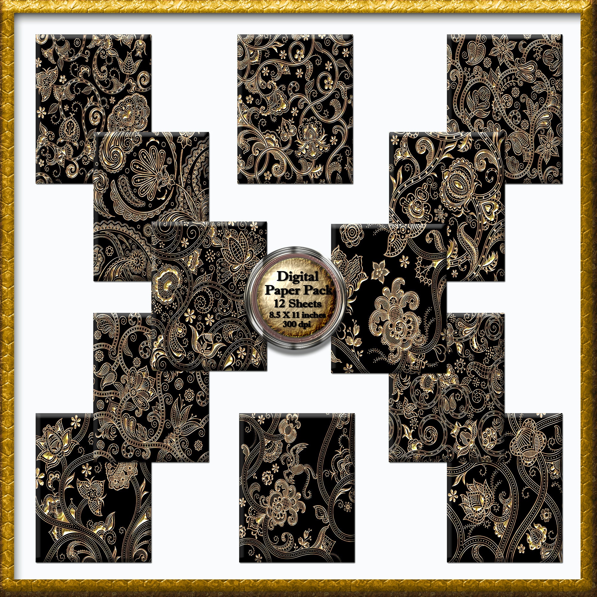 12 Black Gold Digital Paper, Floral Damask Digital Paper Background ...