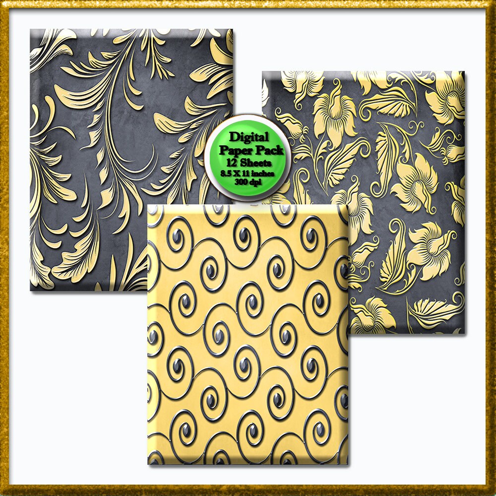 Digital Paper, Gray Yellow Digital Paper, Gray Printable Scrapbook ...