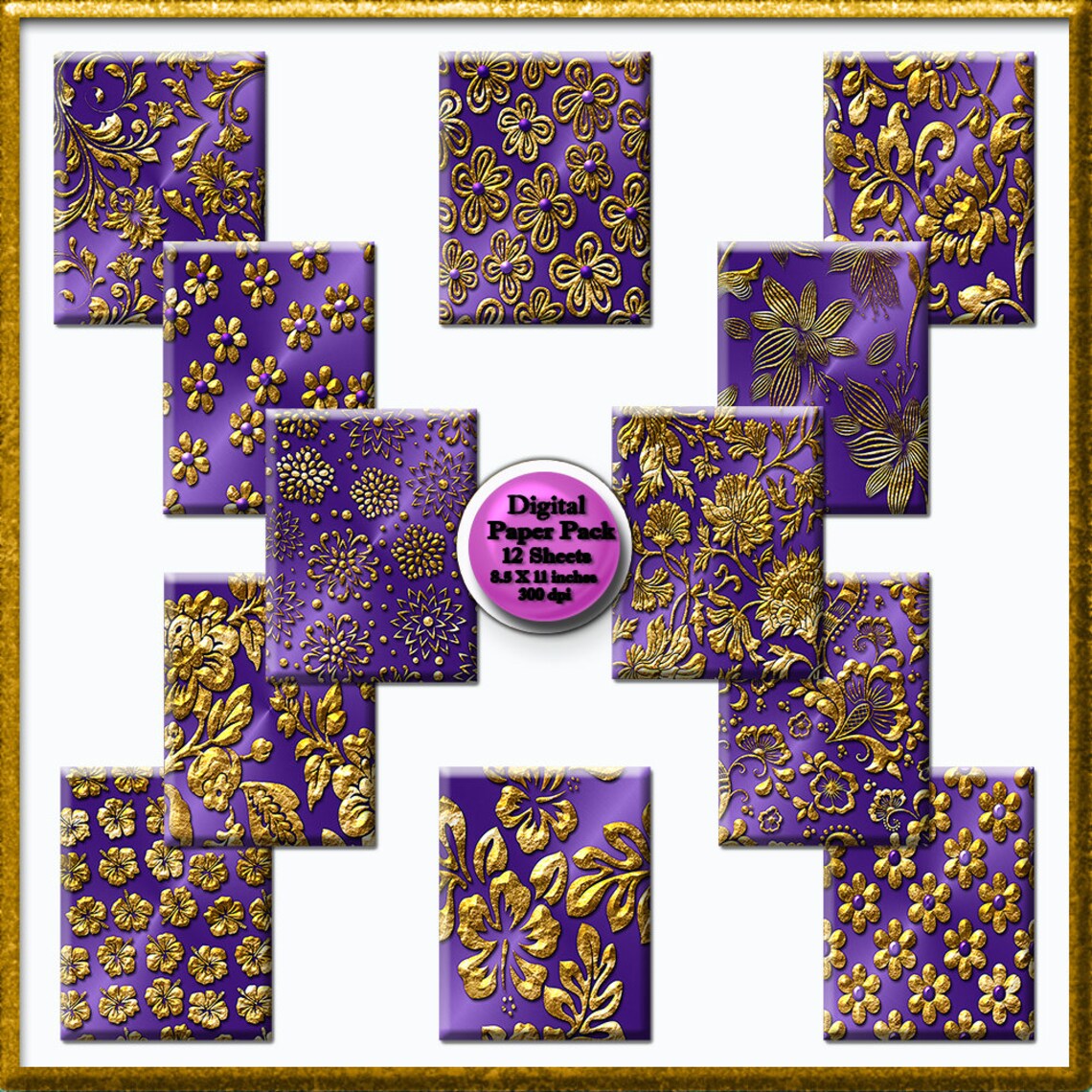 Purple Gold Digital Paper, Gold Scrapbook Paper, Embossed Metallic Gold ...
