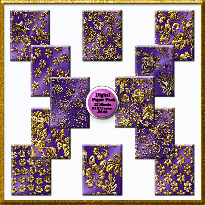 Purple Gold Digital Paper, Gold Scrapbook Paper, Embossed Metallic Gold ...